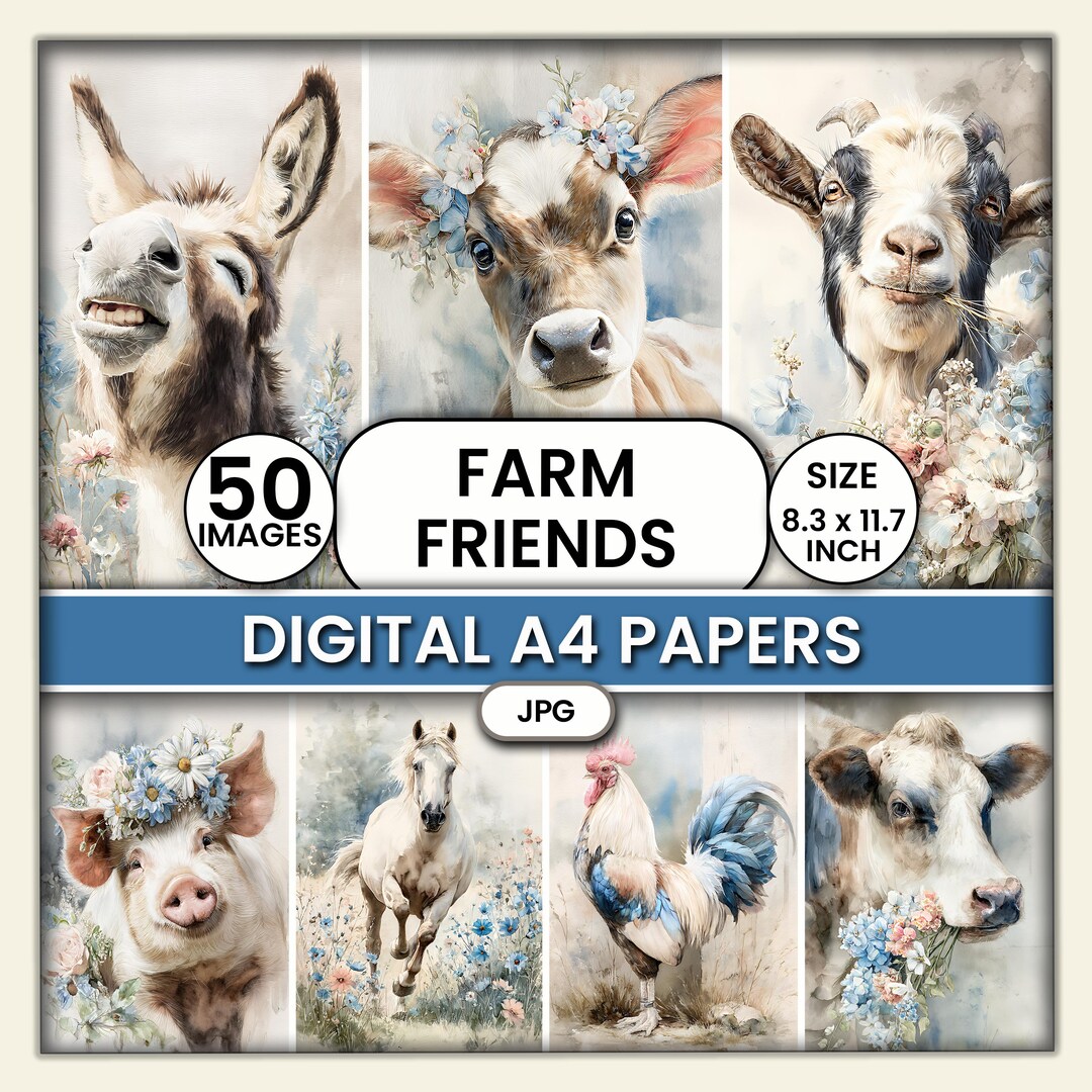 Watercolor Farm Animal Digital Paper: Cottagecore Scrapbook, A4 JPG ...