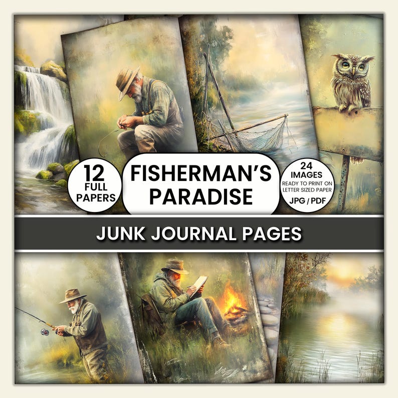 Fisherman Junk Journal Pages, Fishing Digital Paper, Rustic Outdoor ...