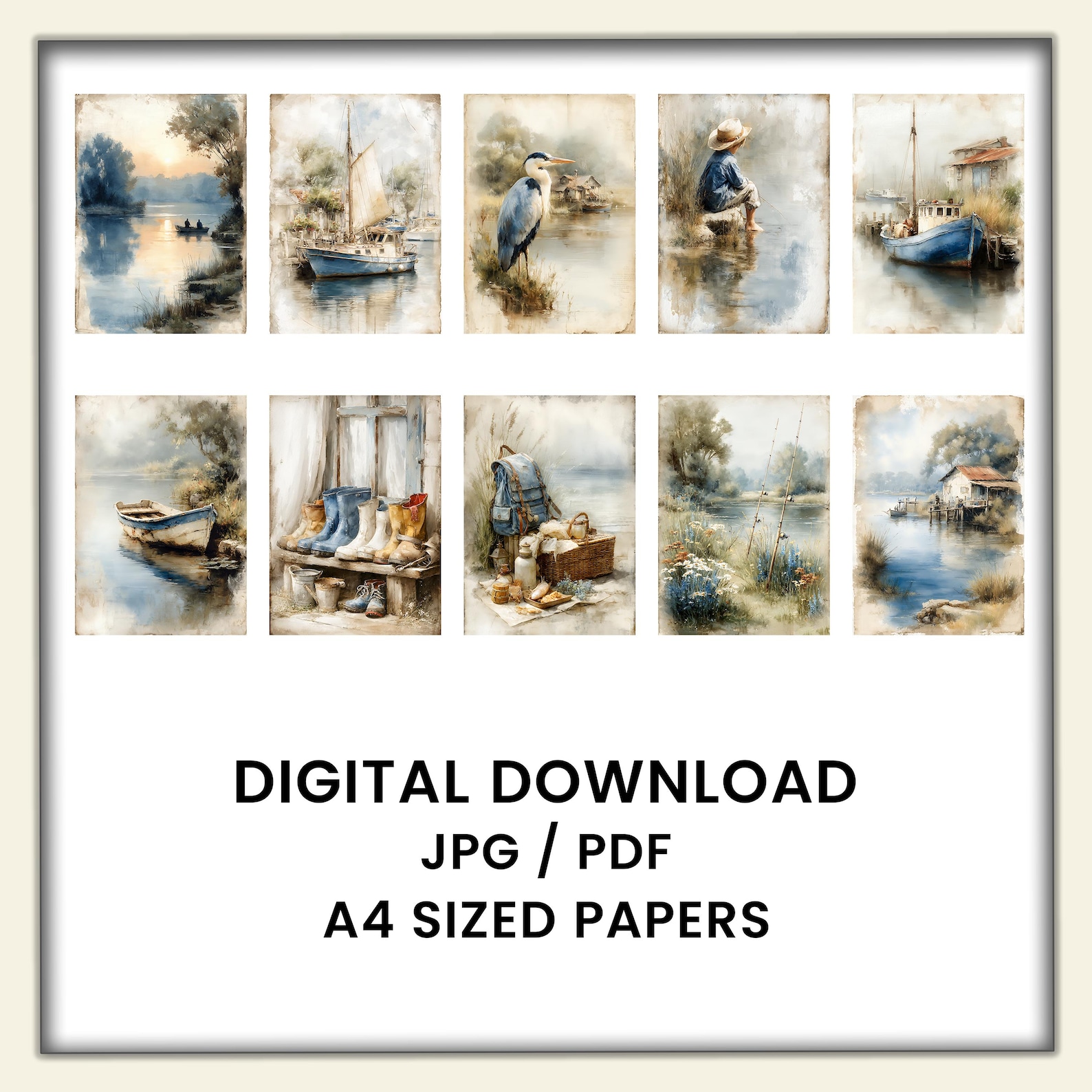 Fishing Digital Papers - A4 Size, Printable Vintage Coastal, Lake, Sea ...