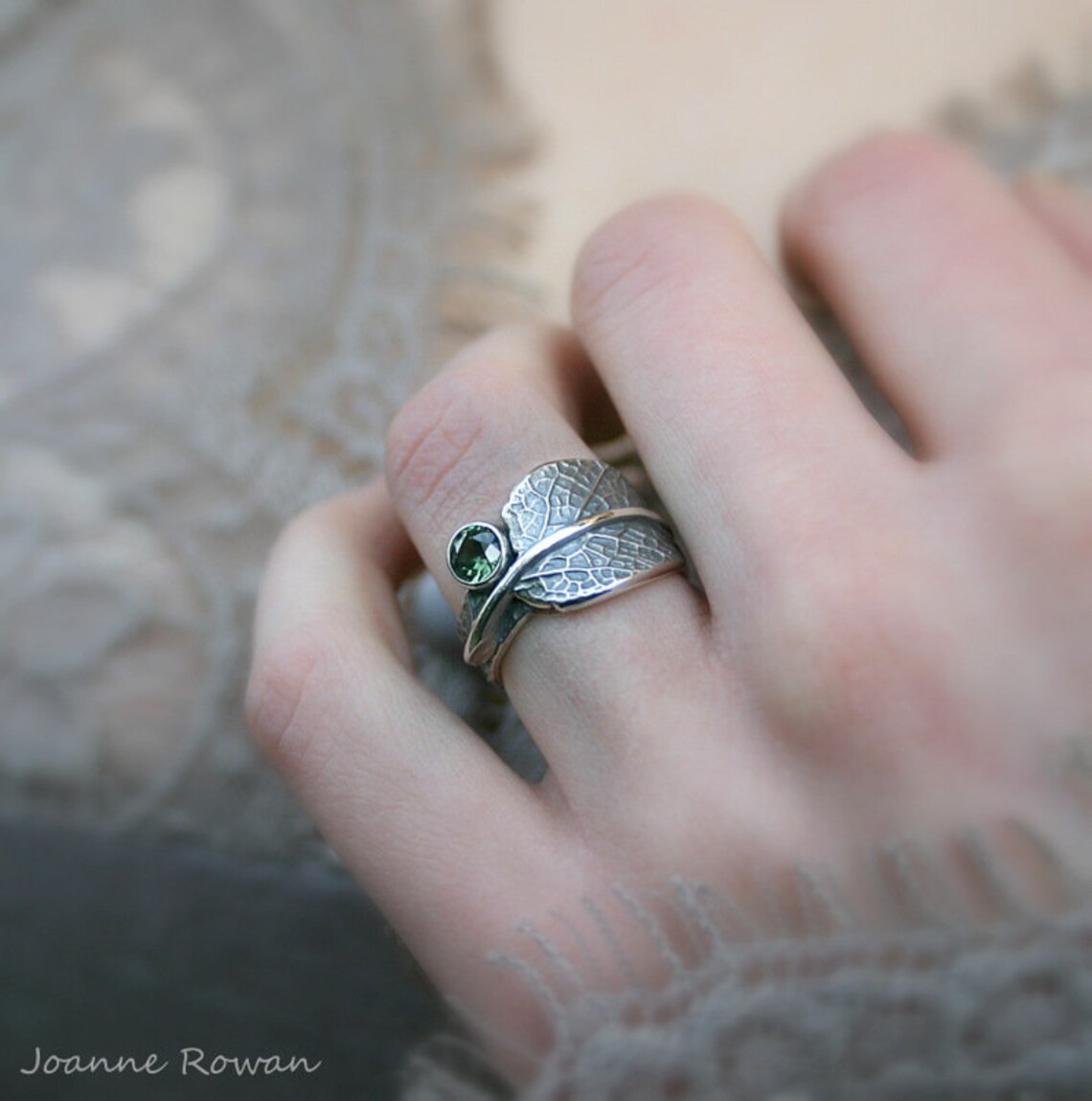 Sage Leaf Ring With Natural Green Sapphire...wedding, Engagement ...