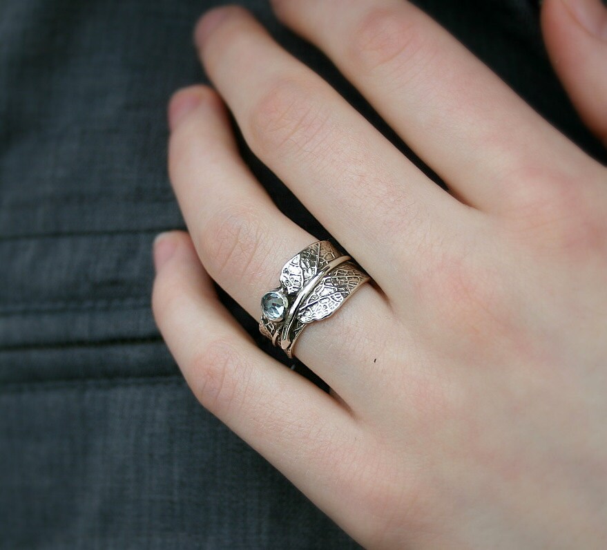 Sage and Topaz....Sage Leaf Ring with Aqua Blue | Etsy