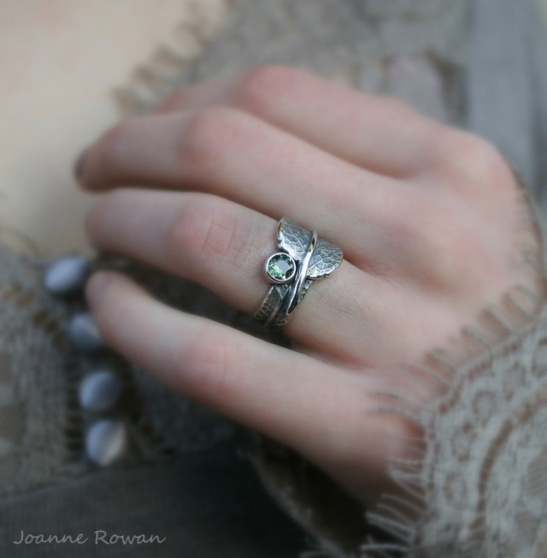 Sage Leaf Ring With Natural Green Sapphire...wedding, Engagement ...