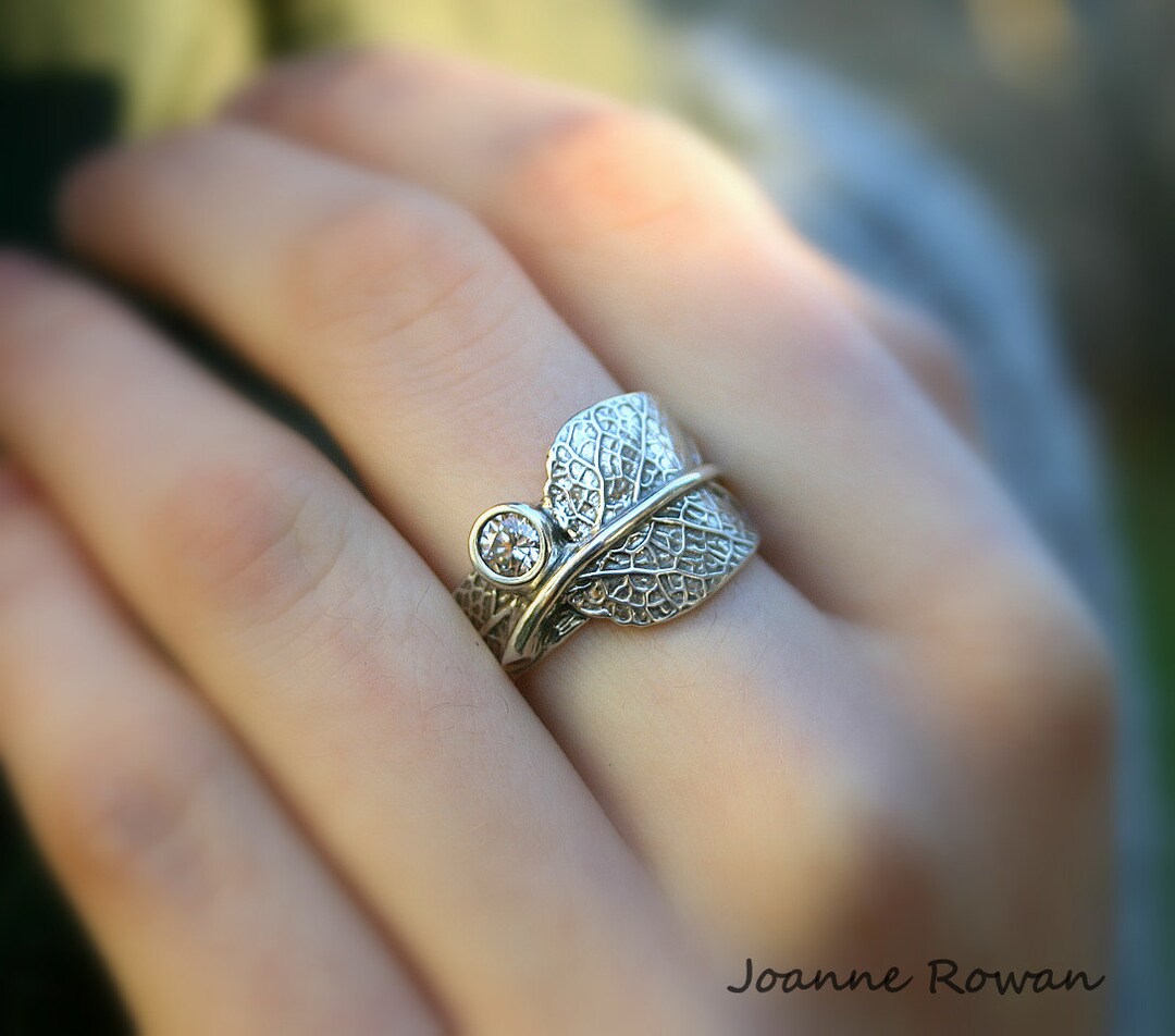 Sage Leaf Ring, Sterling Silver, Cubic Zirconia, Alternate Wedding Band ...