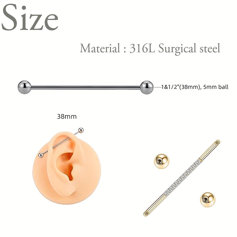 Pyramid Industrial Bar Surface Cartilage Earring Industrial Piercing Jewelry 14G 38mm Industrial ...