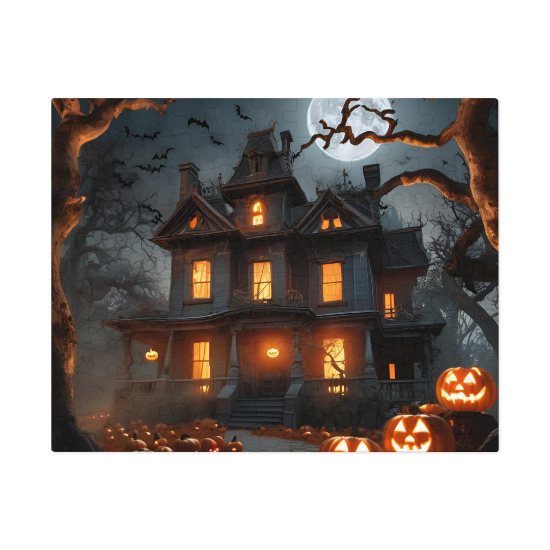 Spooky Haunted House Jigsaw Puzzle, Cartoon Style Halloween Night Scene ...