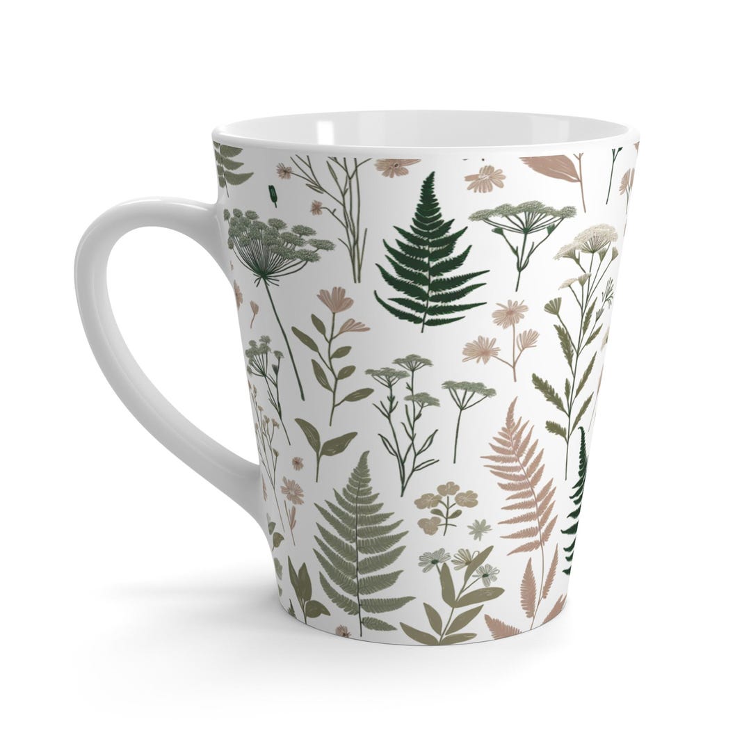 Botanical Latte Mug: Sage Green Wildflowers and Ferns, Nature Lover ...