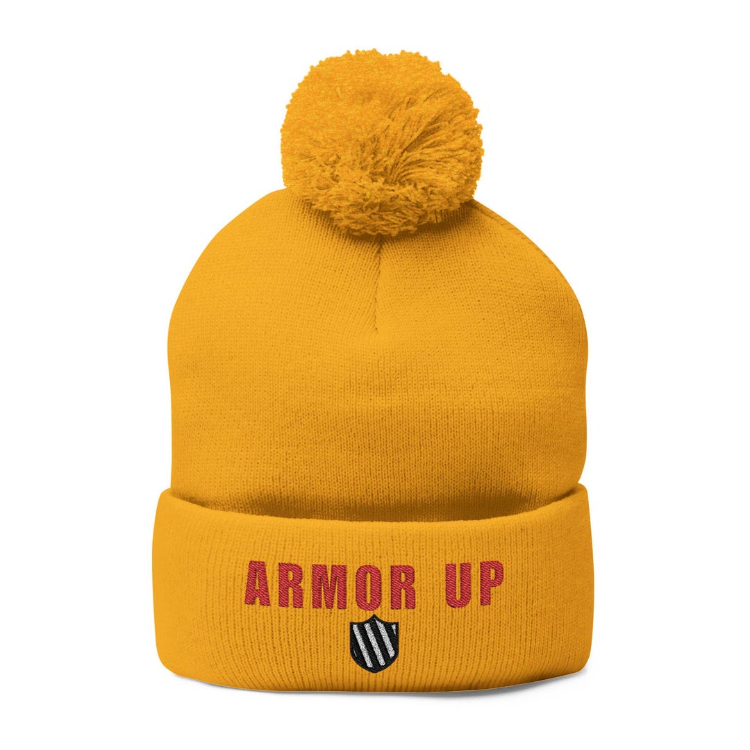 Warm Pom-pom Knit Cap With 'ARMOR UP' Embroidery, Cozy Winter Beanie ...