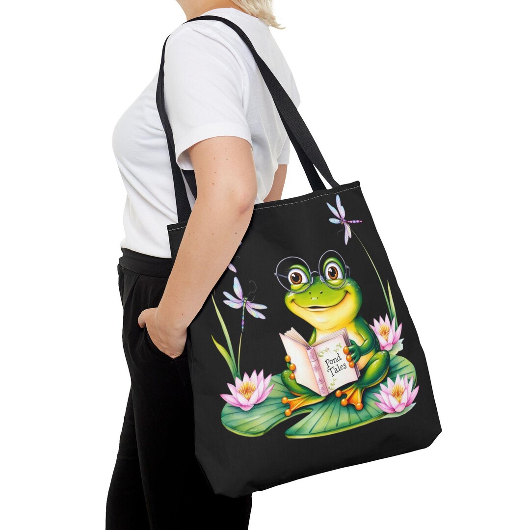 Frog Tote Bag: Reading Book, Lotus Flowers, Nature Handbag - Etsy