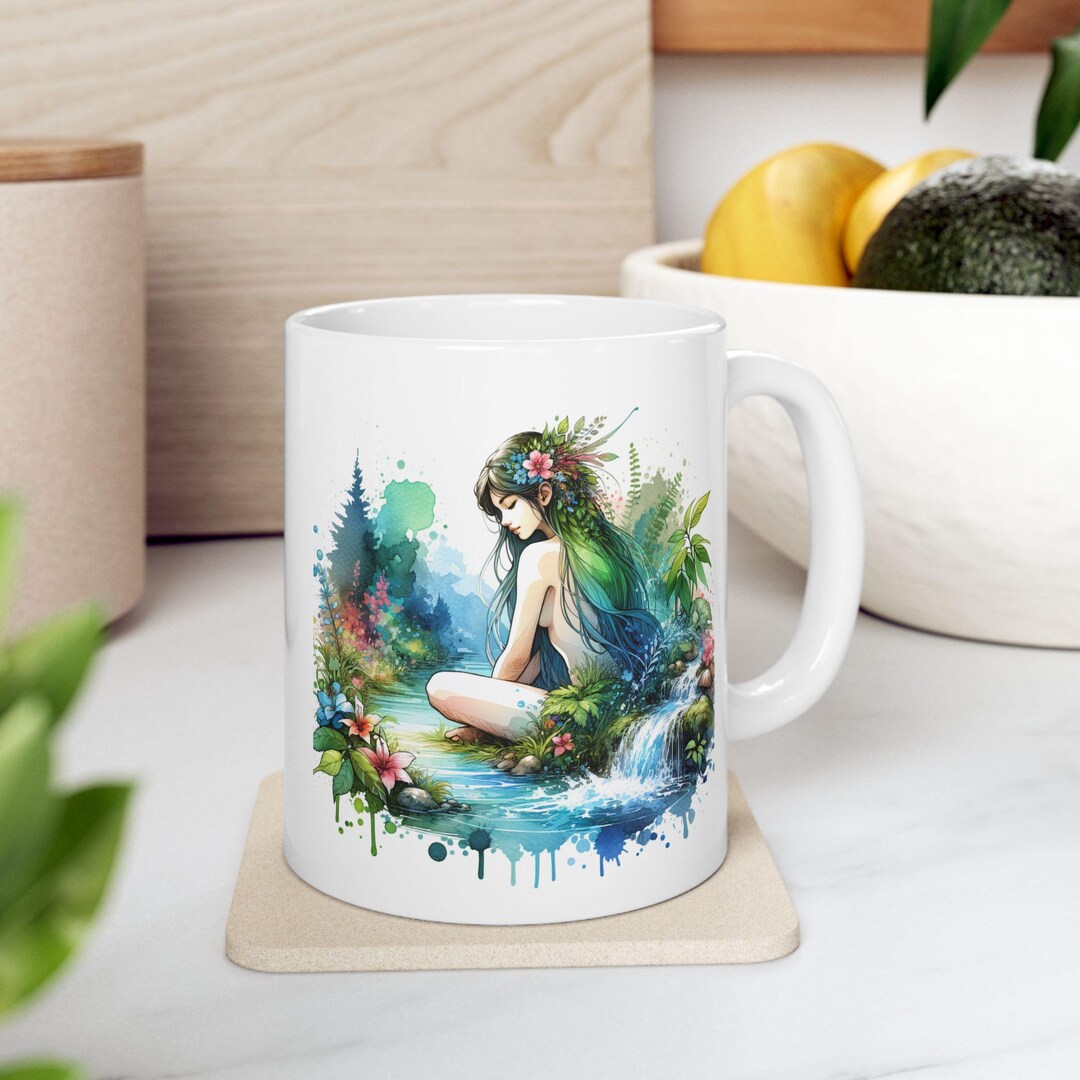 Fantasy Water Nymph Ceramic Mug, Mythical Creature Coffee Cup, Floral ...