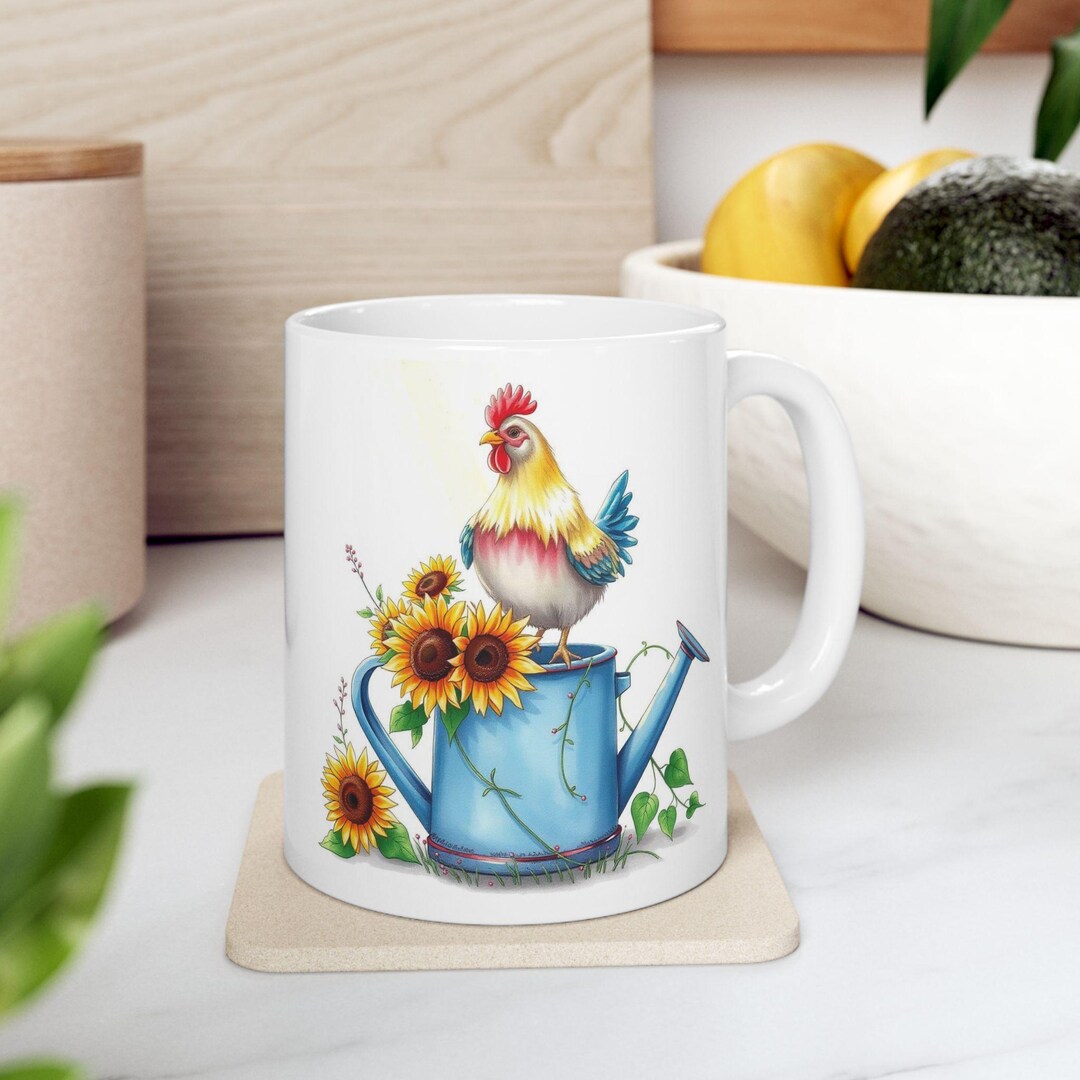 Sunflower Watering Can Mug: Floral Chicken Ceramic Coffee Cup - Etsy