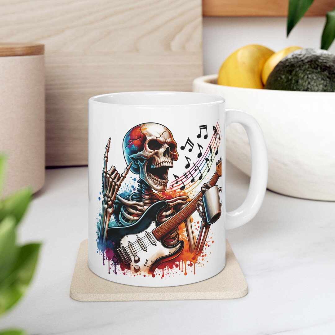Rockstar Skeleton Ceramic Mug: Electric Guitar Player Coffee Cup - Etsy