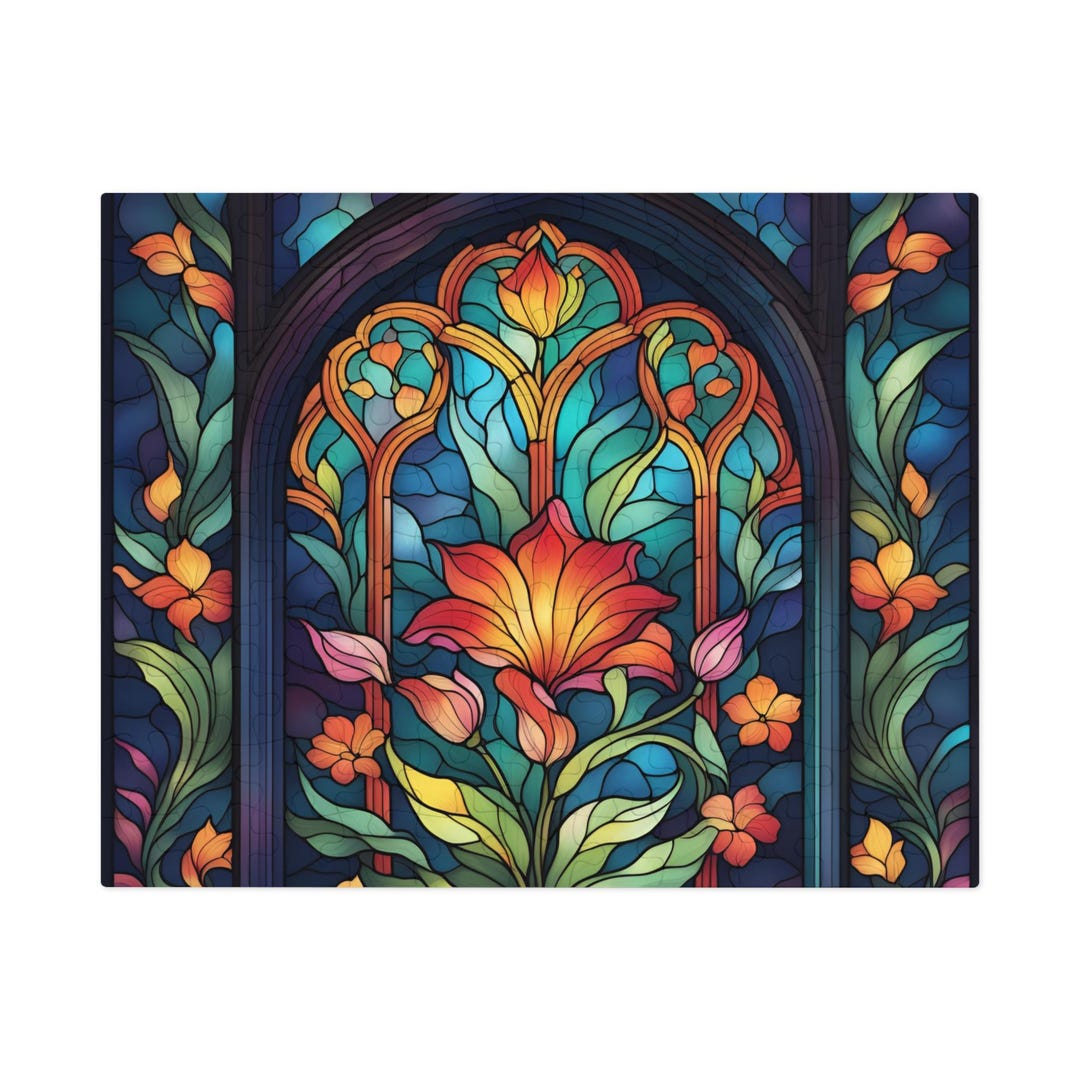 Stained Glass Theme Jigsaw Puzzle, Cartoon Style Colorful Floral ...