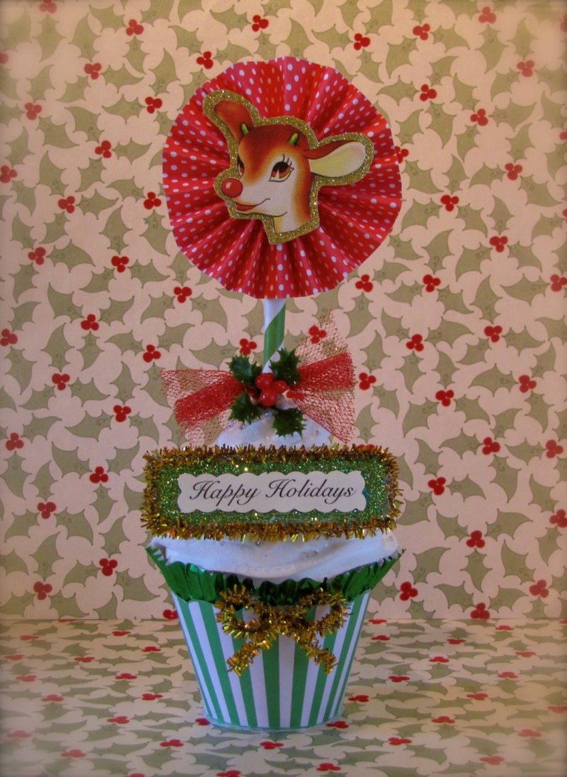 Fake Cupcake Vintage Christmas Card rudolph Cupcake - Etsy