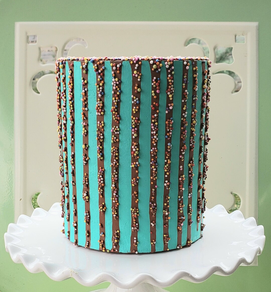 Fake Drip Cake- Turquoise Cake With Chocolate Drip and Sprinkles. Photo ...