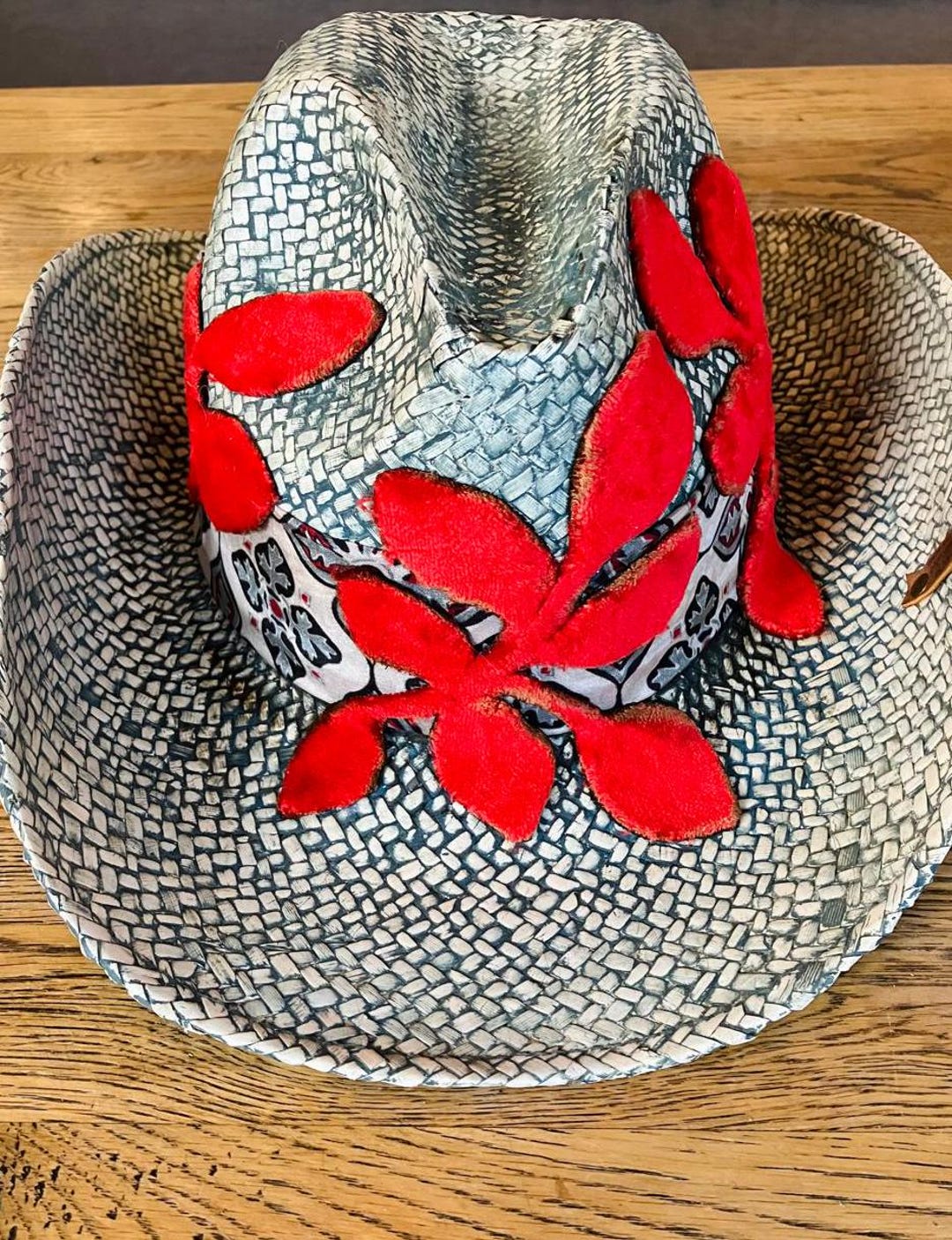 A ONE OF A KIND Flaming Fire Hot Cowgirl Hat. Burnt Velvet Trims and a ...