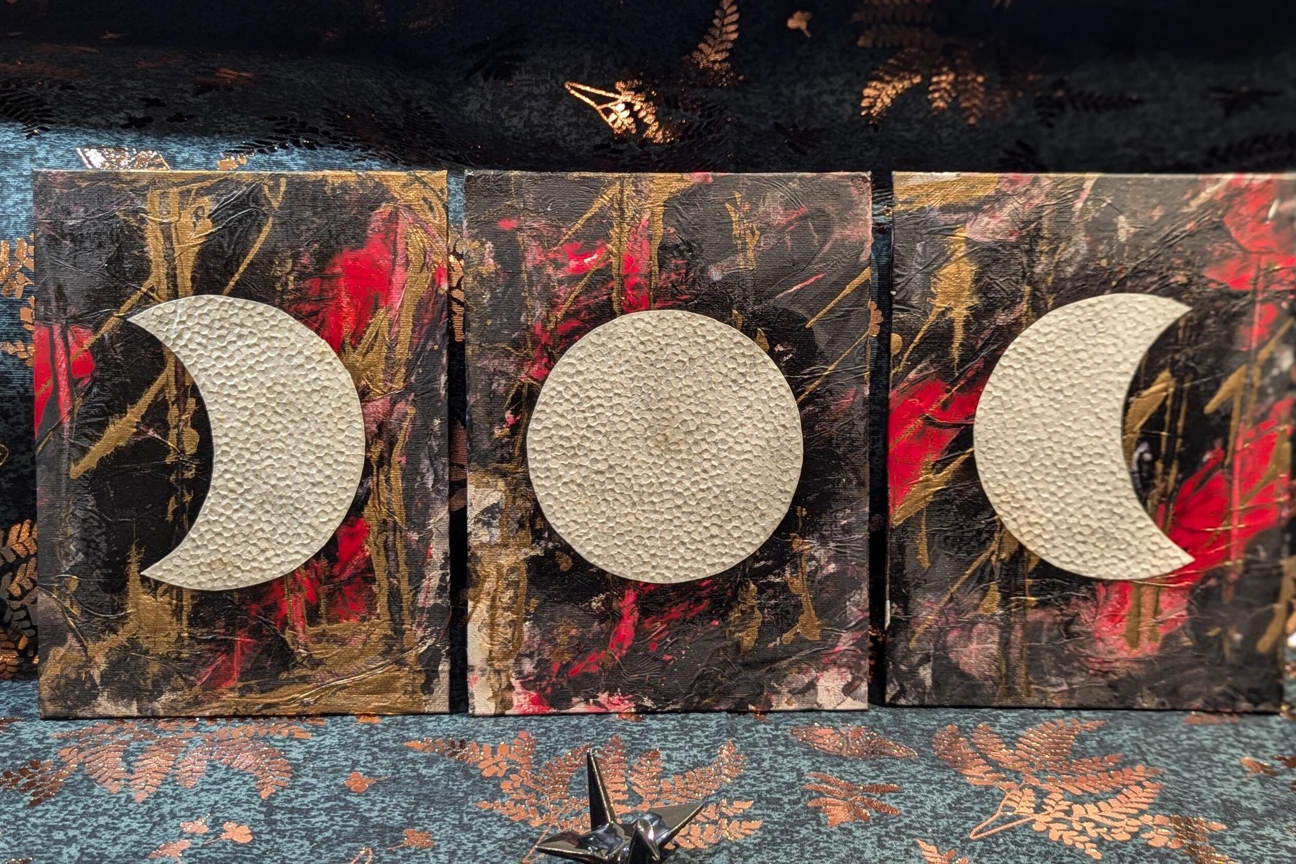 Triple Moon Triptych Mixed Media Art set of 3, 8 by 6 Inches Each - Etsy
