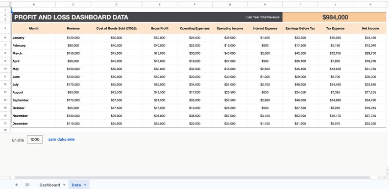 Profit and Loss Dashboard Template, Google Sheets, Editable Financial Analysis Tool, Digital ...