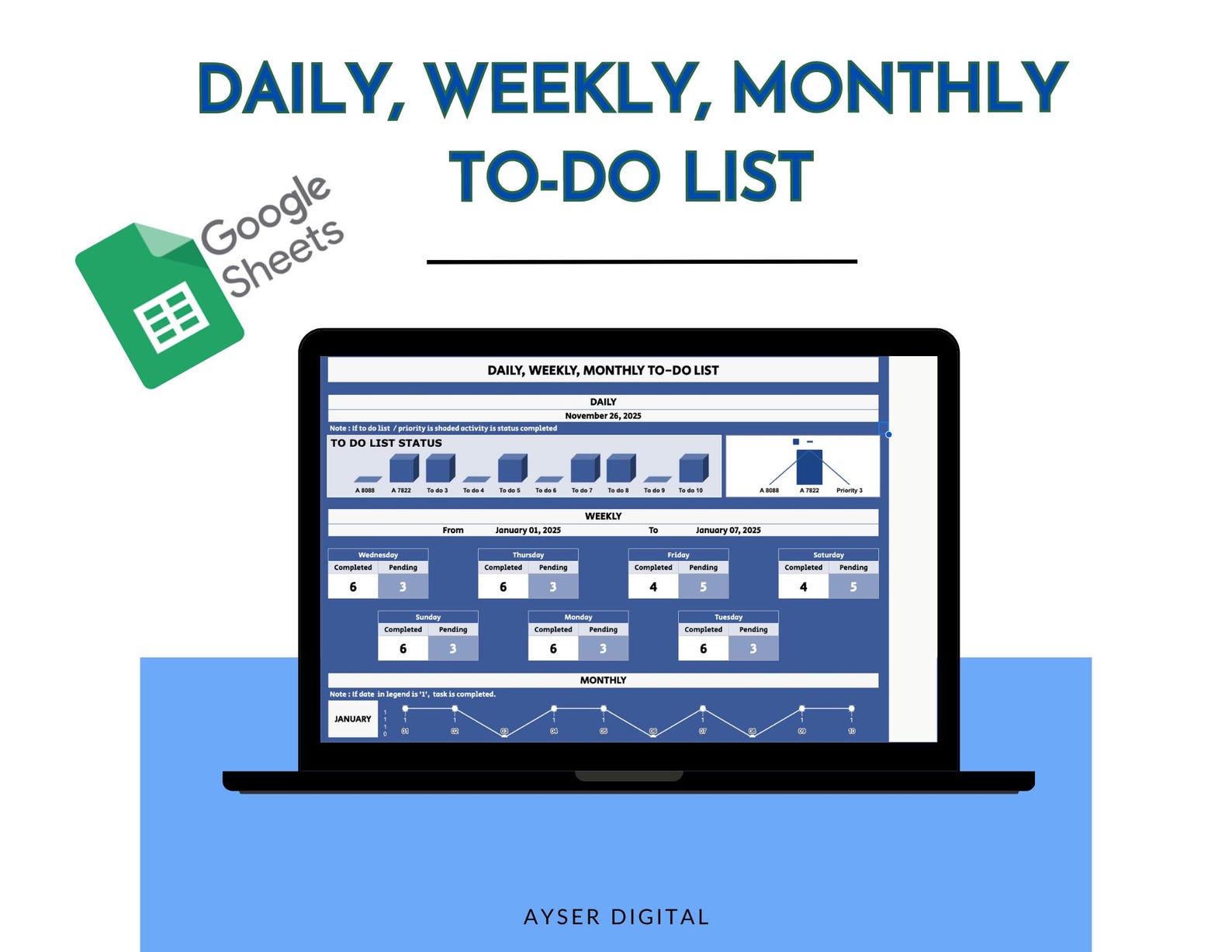 Daily, Weekly, Monthly To-do List, Google Sheets Planner, Task ...