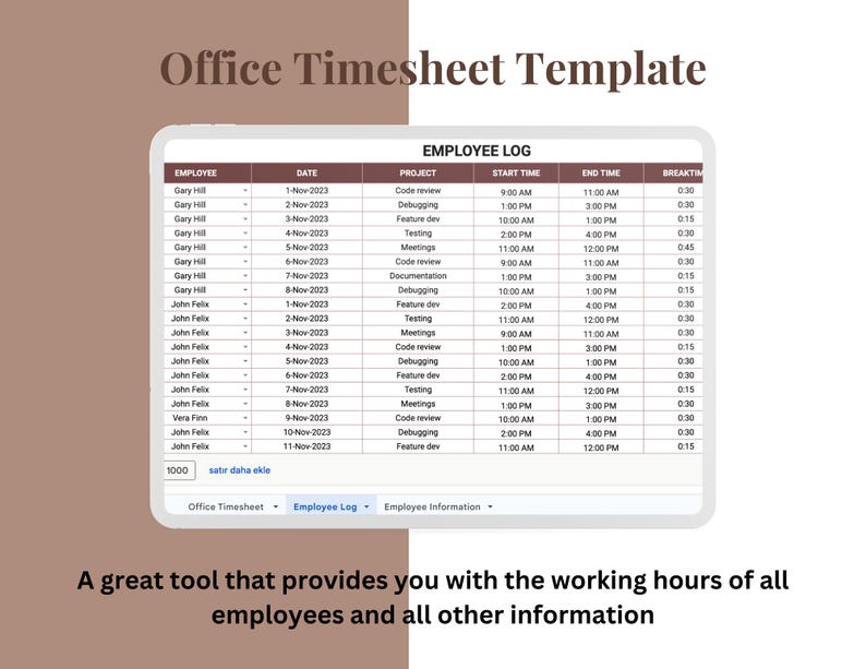 Office Timesheet Template, Google Sheets Format, Editable Employee Work Hours Tracker, Automatic ...