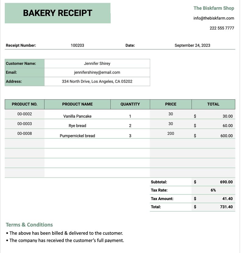 Bakery Receipt Template, Editable Google Sheets, Digital Download ...