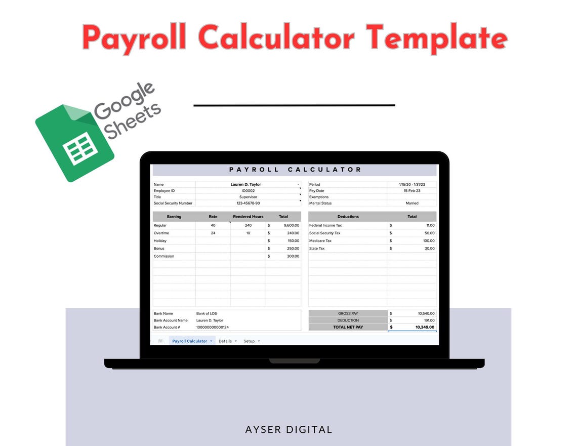 Payroll Calculator Template, Employee Salary Tracker, Google Sheets ...