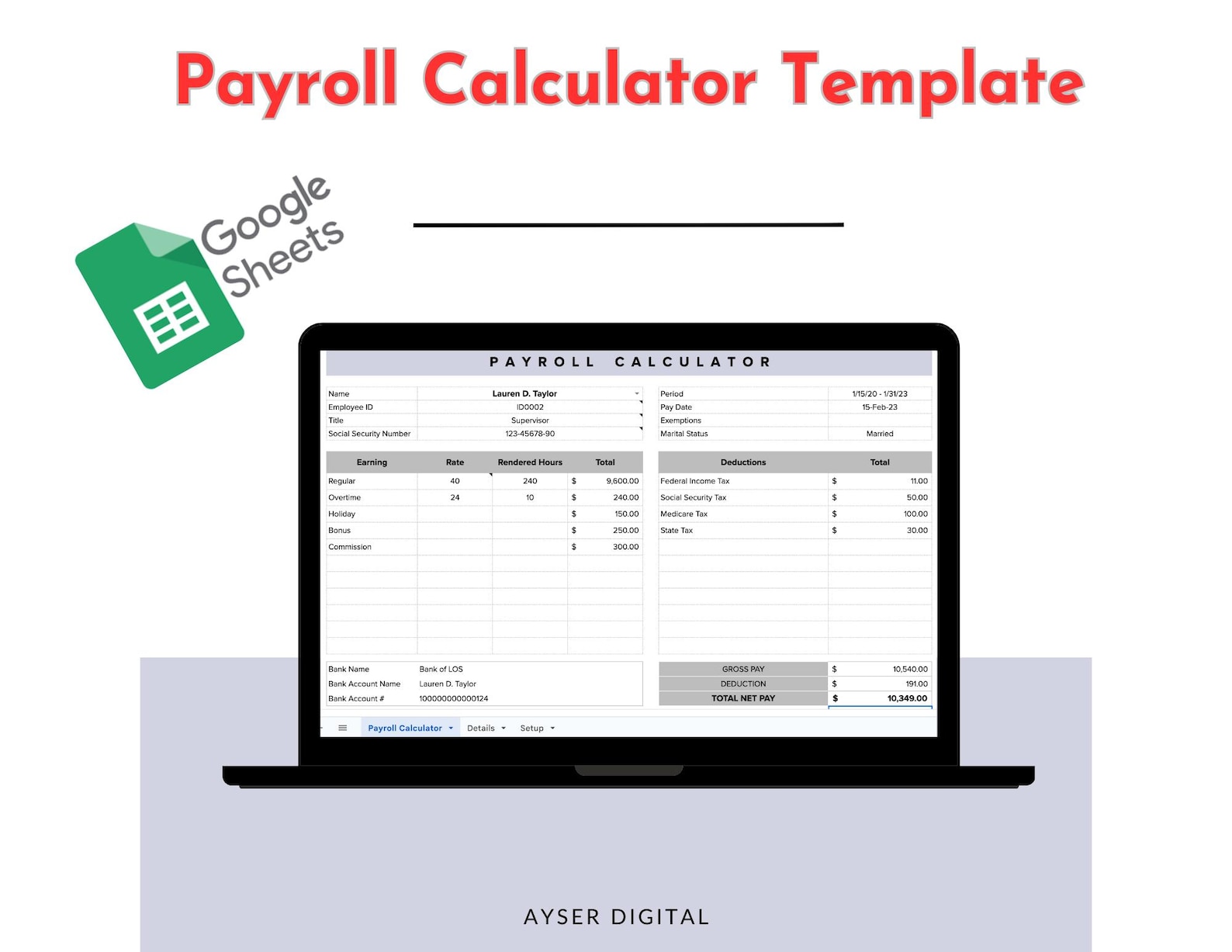 Payroll Calculator Template, Employee Salary Tracker, Google Sheets ...