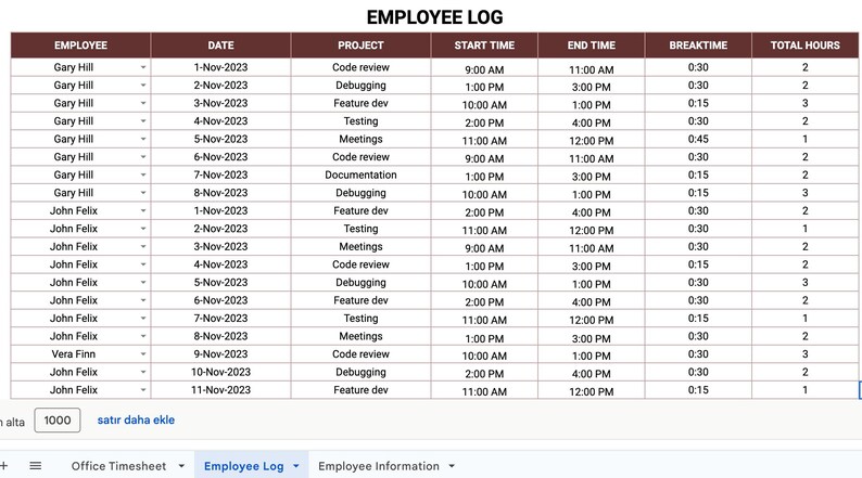 Office Timesheet Template, Google Sheets Format, Editable Employee Work ...