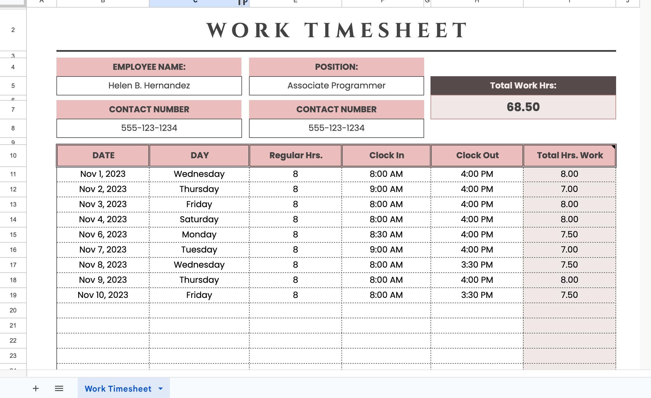 Work Timesheet Template, Digital Download, Editable and Easy to Use ...