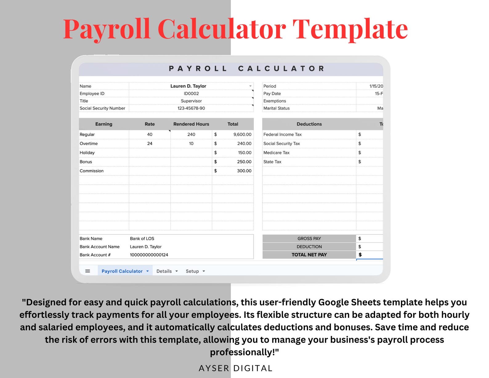 Payroll Calculator Template, Employee Salary Tracker, Google Sheets ...
