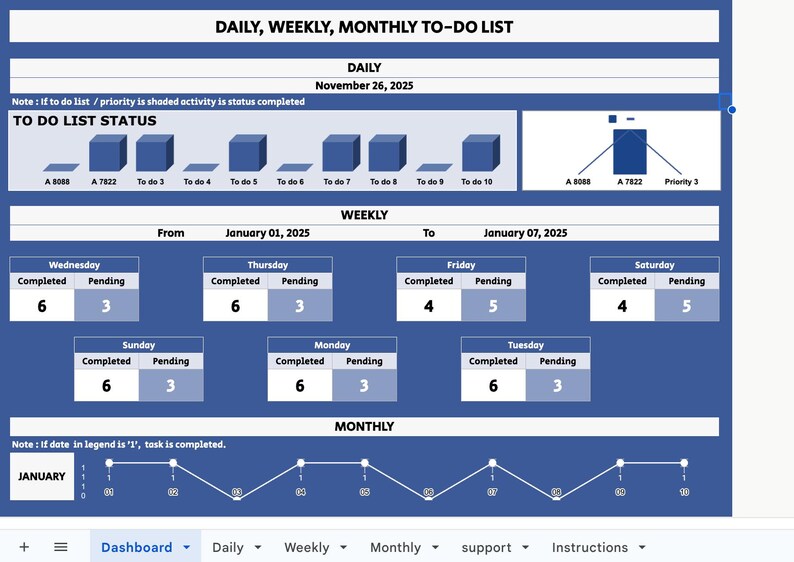 Daily, Weekly, Monthly To-do List, Google Sheets Planner, Task ...