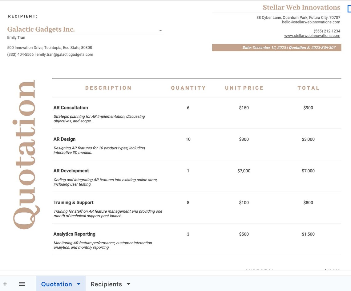 Quotation Template, Price Quote Template, Google Sheets, Editable ...