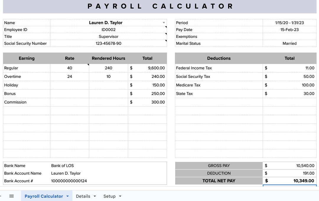 Payroll Calculator Template, Employee Salary Tracker, Google Sheets ...