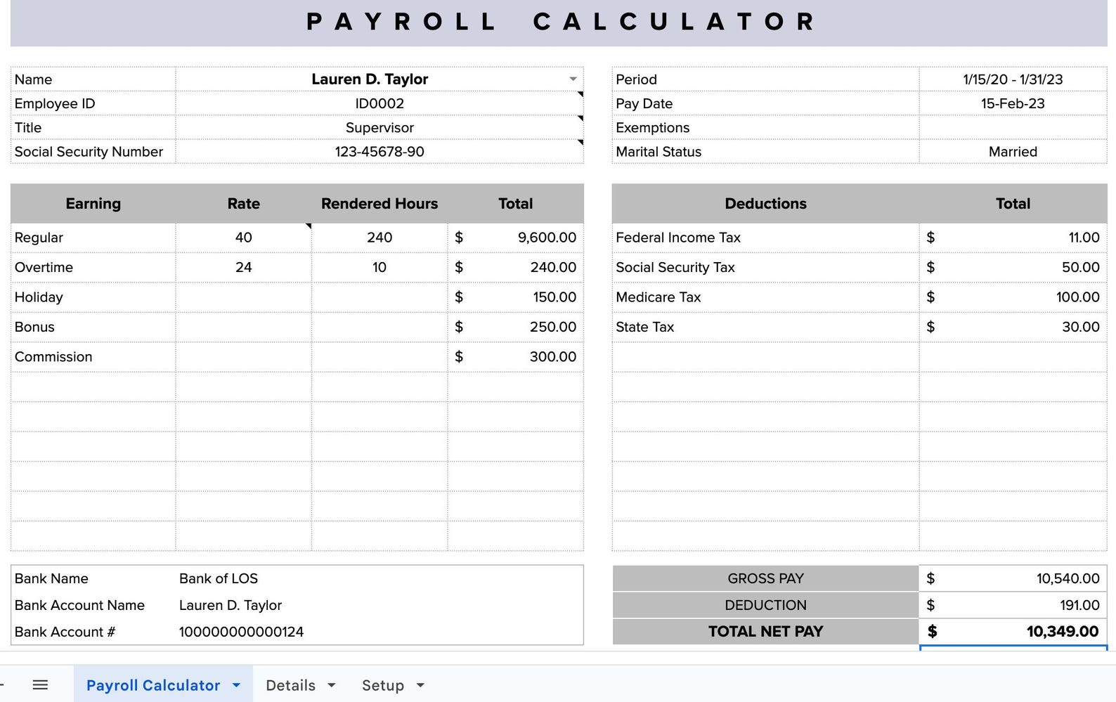 Payroll Calculator Template, Employee Salary Tracker, Google Sheets ...