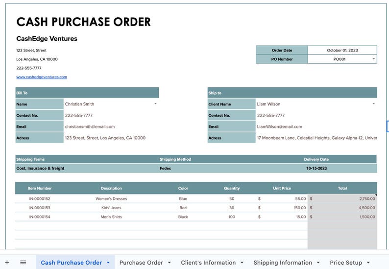 Cash Purchase Order Template, Google Sheets Business Purchase Tracker ...