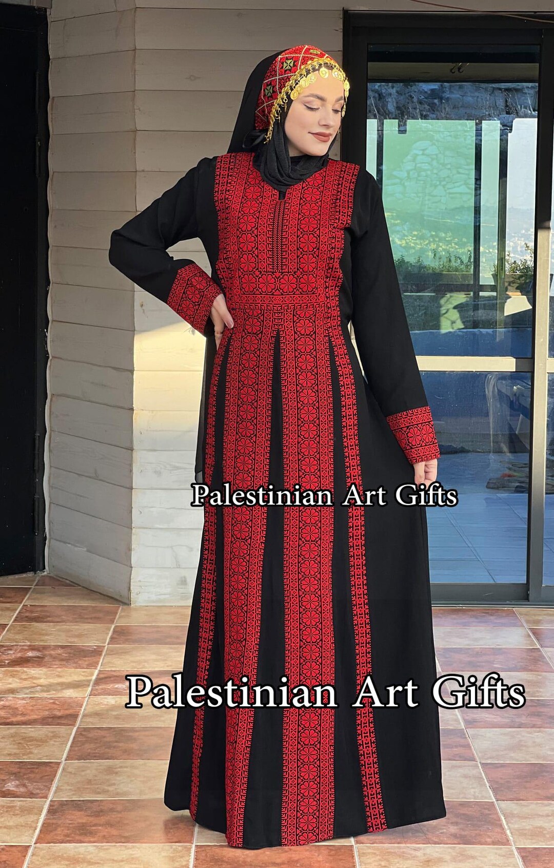 Traditional Embroidered Palestinian Thobe With Head Scarf-perfect Dress ...