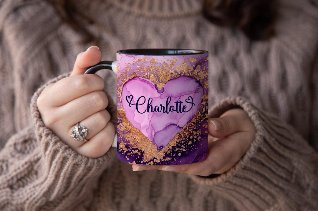 Purple Watercolour Marble Mug With Hearts, Personalised Mug, Custom ...
