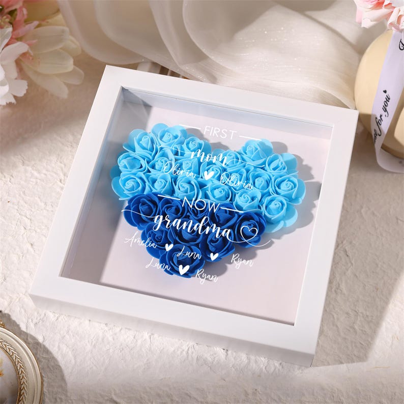 Personalized Name Flower Heart Shadow Box, With 1-8 Child's Names Heart ...