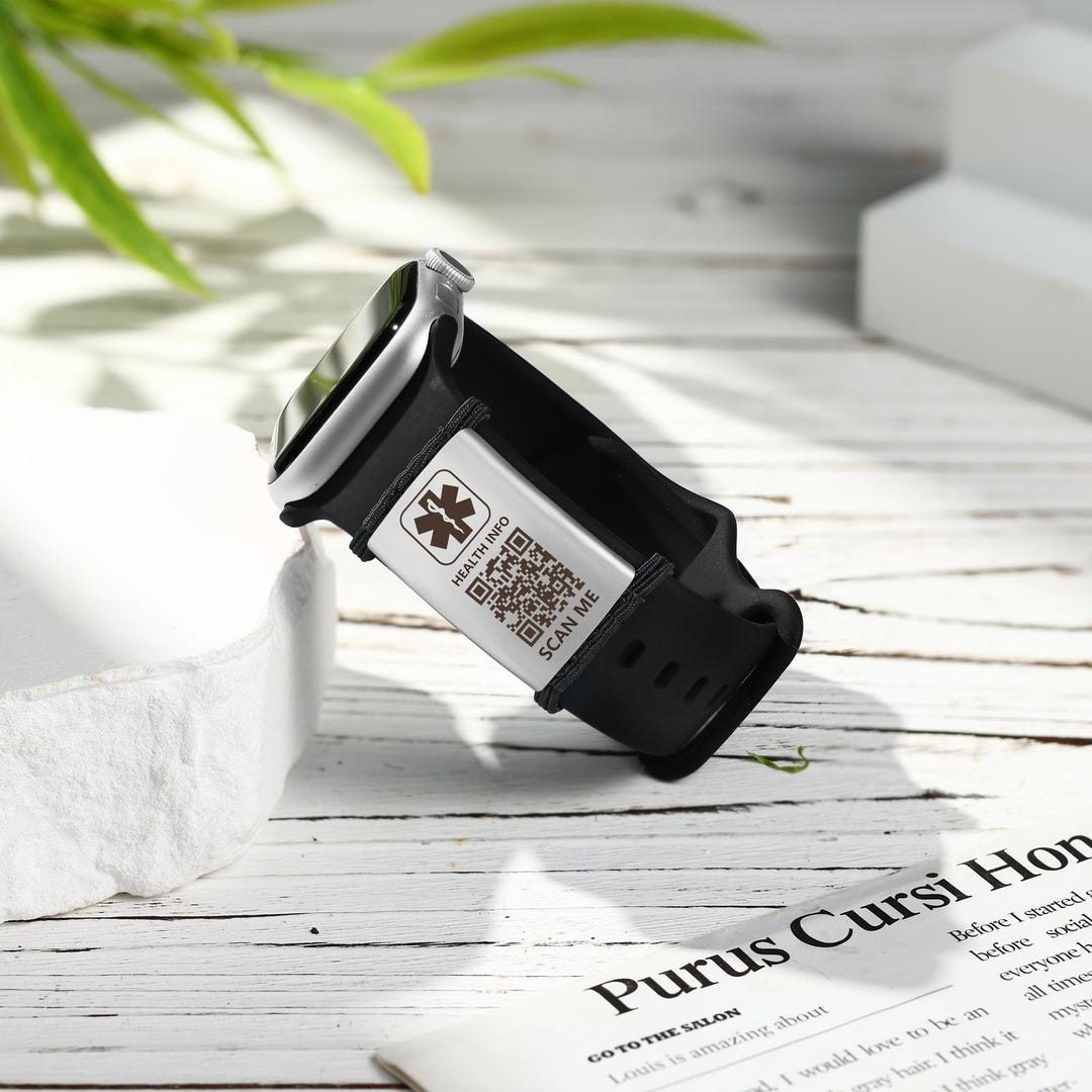 Medical Alert QR Code Apple Watch Band Tag: Stainless Steel Engraved ...