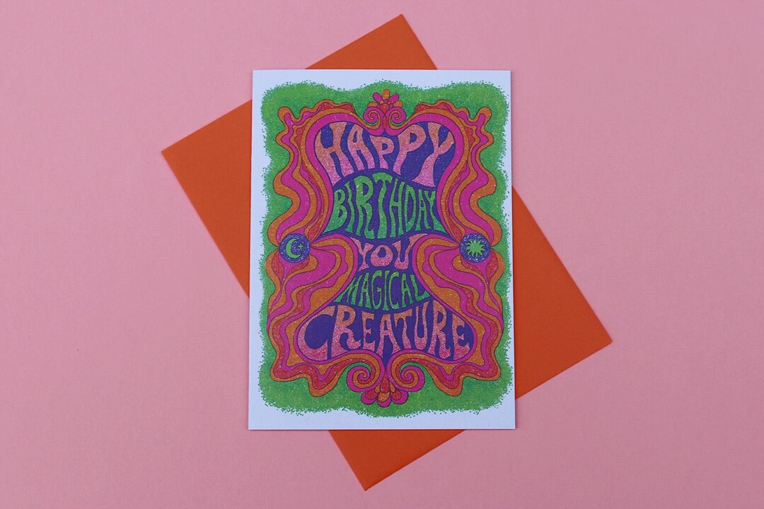 Psychedelic 70s Birthday Card | Magical Creature Greeting - Etsy