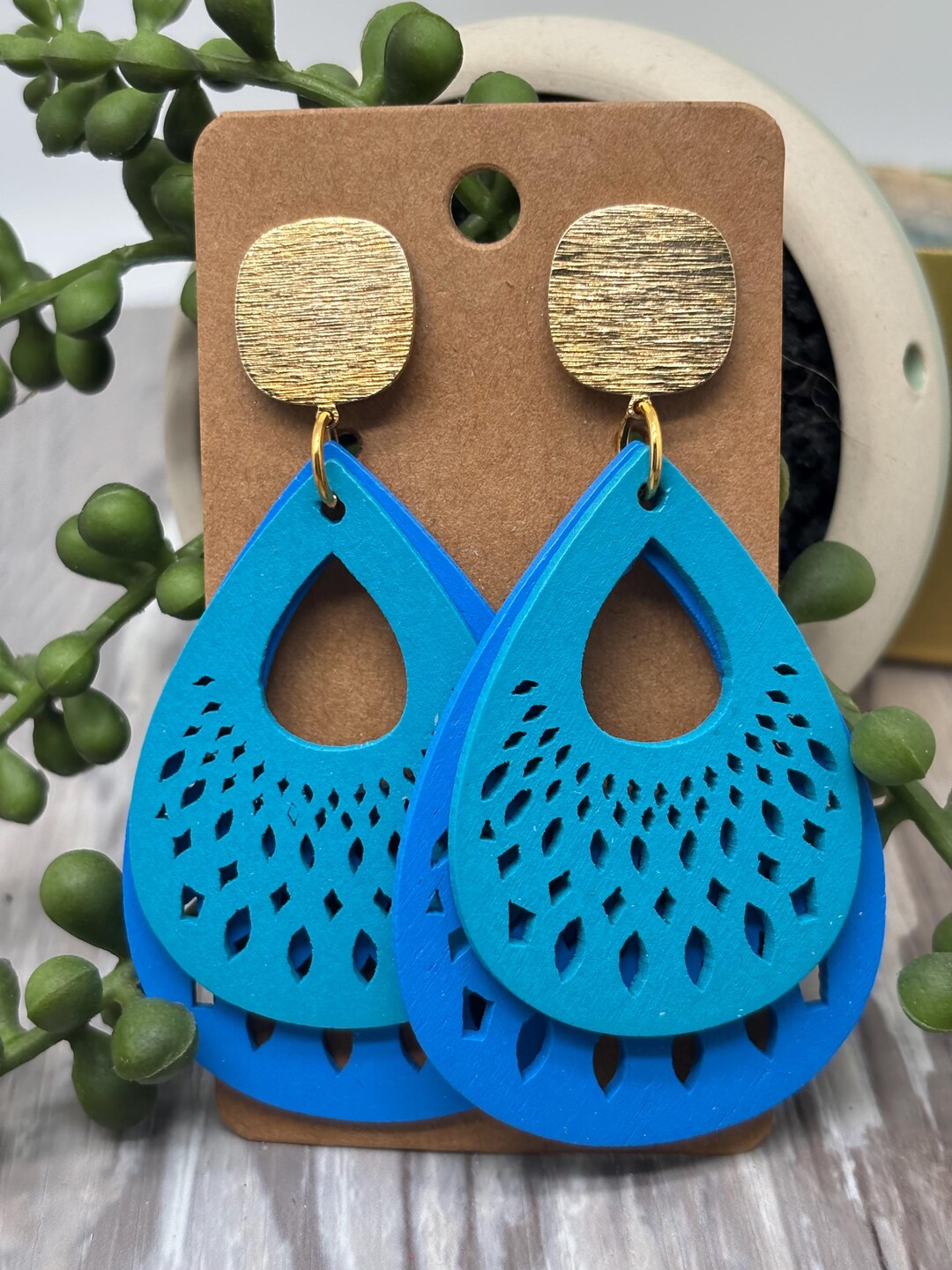 Boho Chic Brass and Wood Earrings – Lightweight Dangle Statement ...