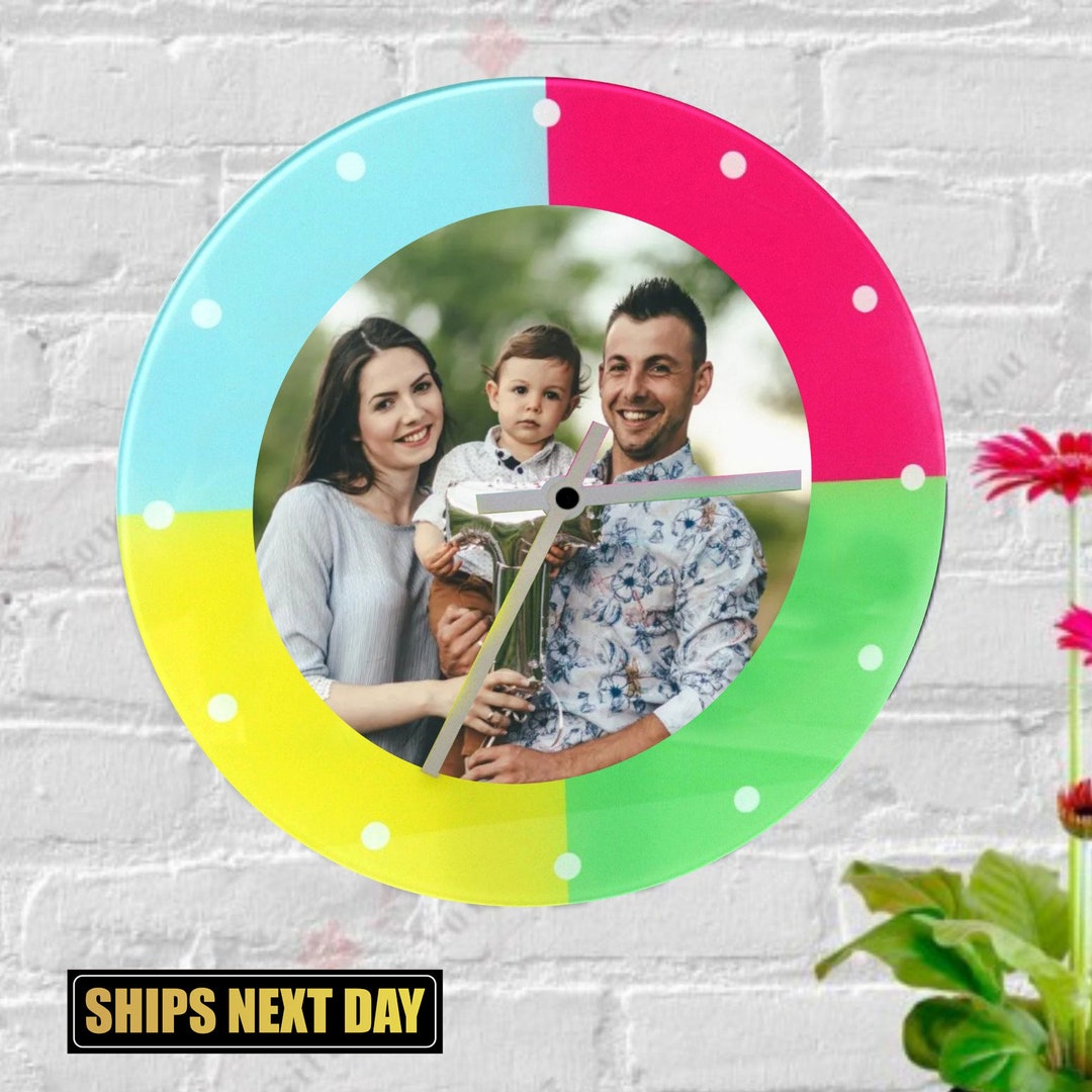 Custom Family Photo Glass Wall Clocks, Personalised Picture Printed ...