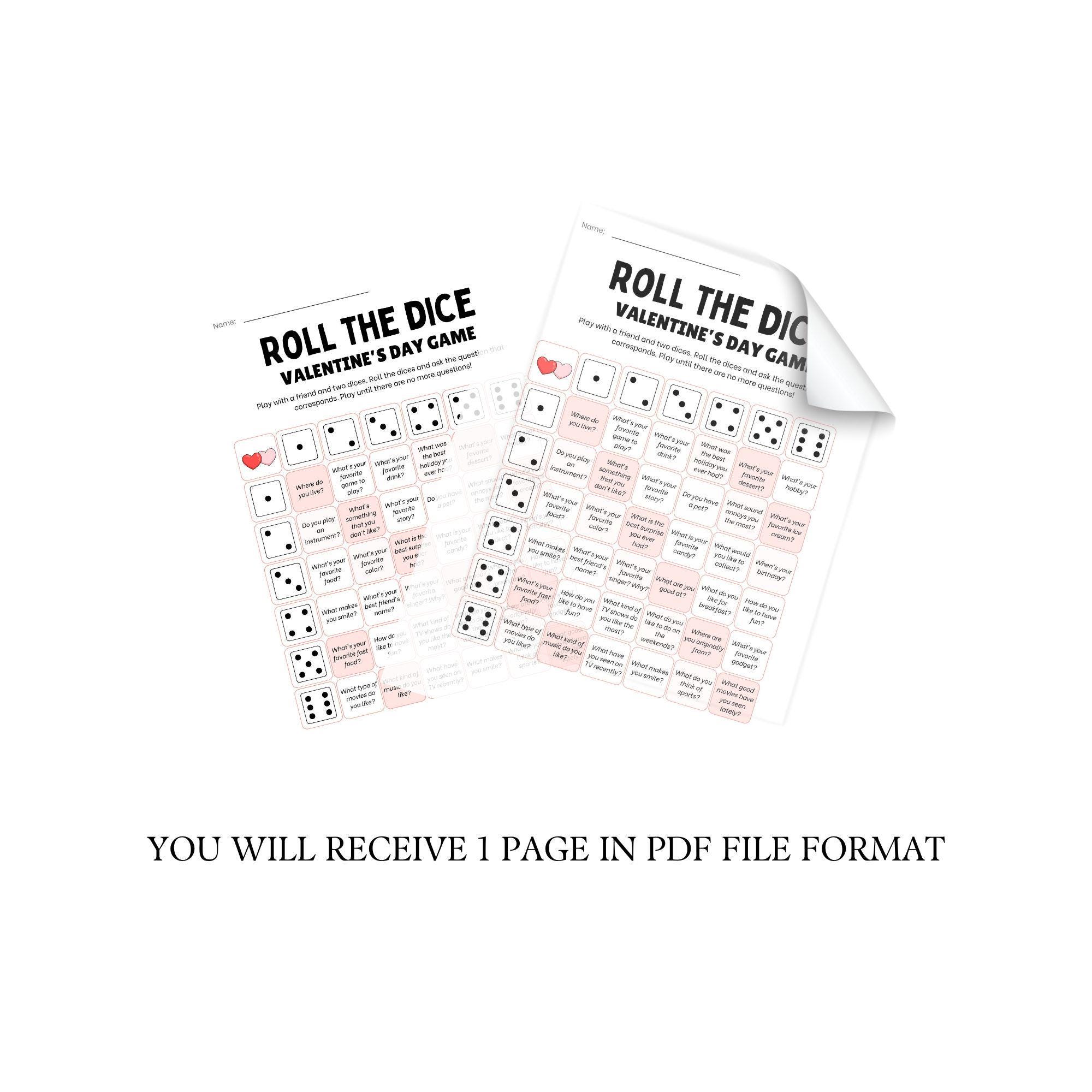 Valentine's Day Roll the Dice Printable Game | Get to Know Each Other ...