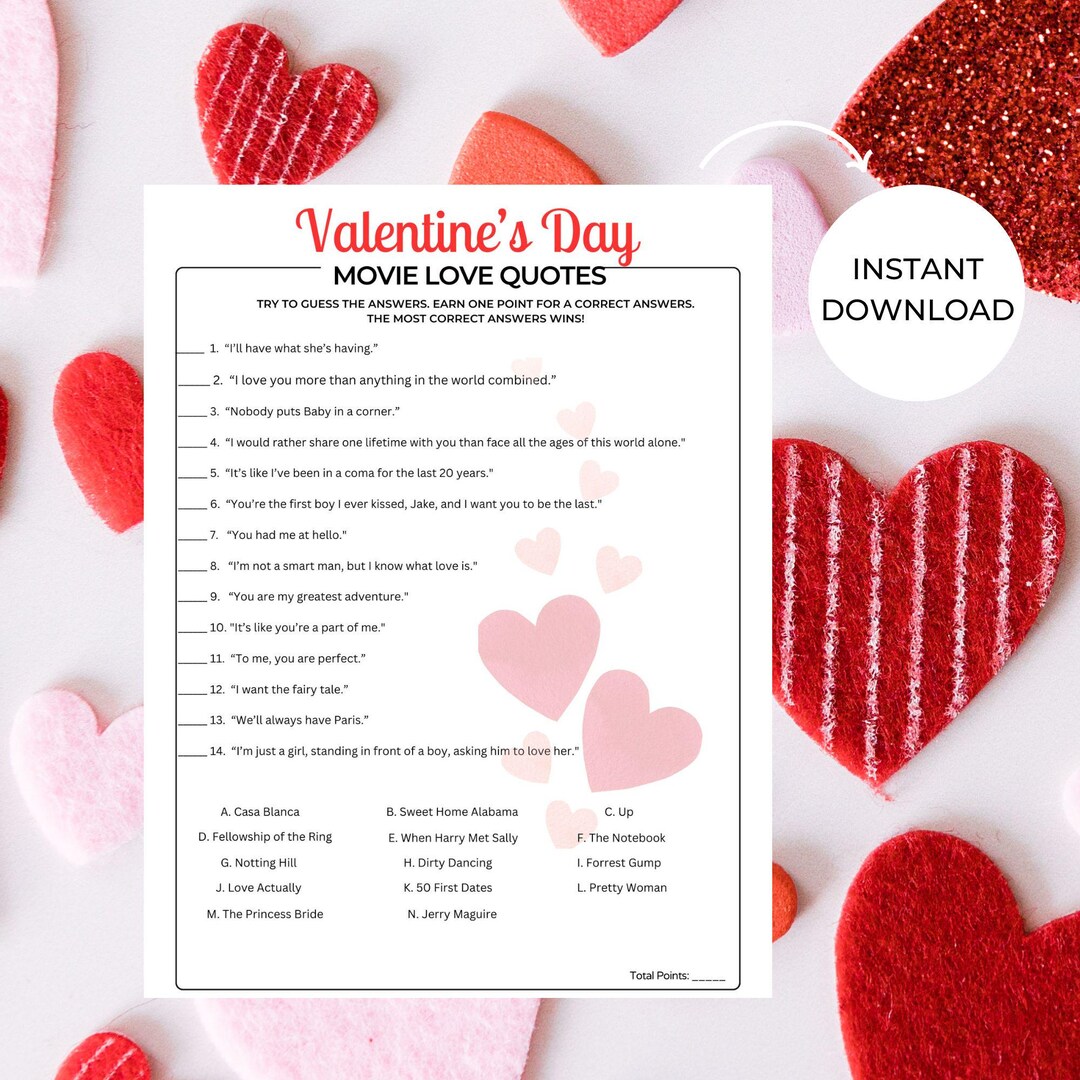Movie Love Quotes Trivia Game | Fun Printable for Valentine's Day - Etsy