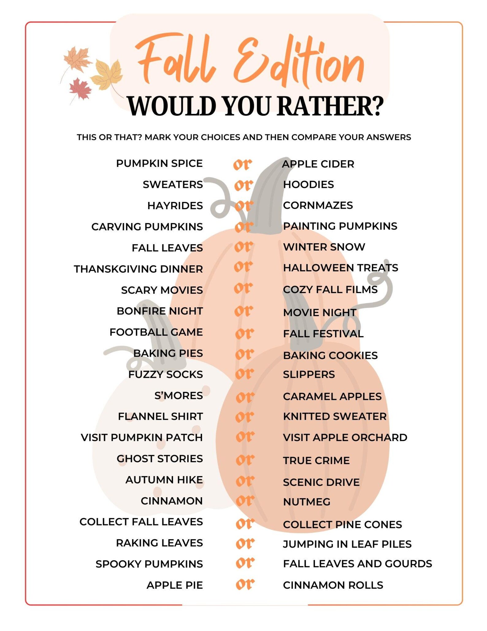 Would You Rather Game Fall Edition Printable Fall Party Game - Etsy