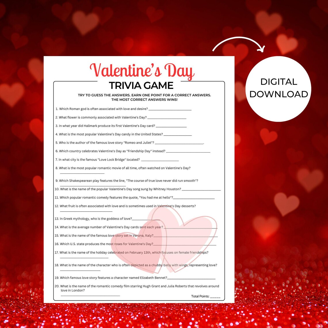 20 Valentine's Day Trivia Questions - Downloadable and Printable Party ...