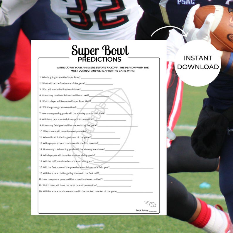 Super Bowl Predictions Party Game | Printable & Downloadable Game Day ...