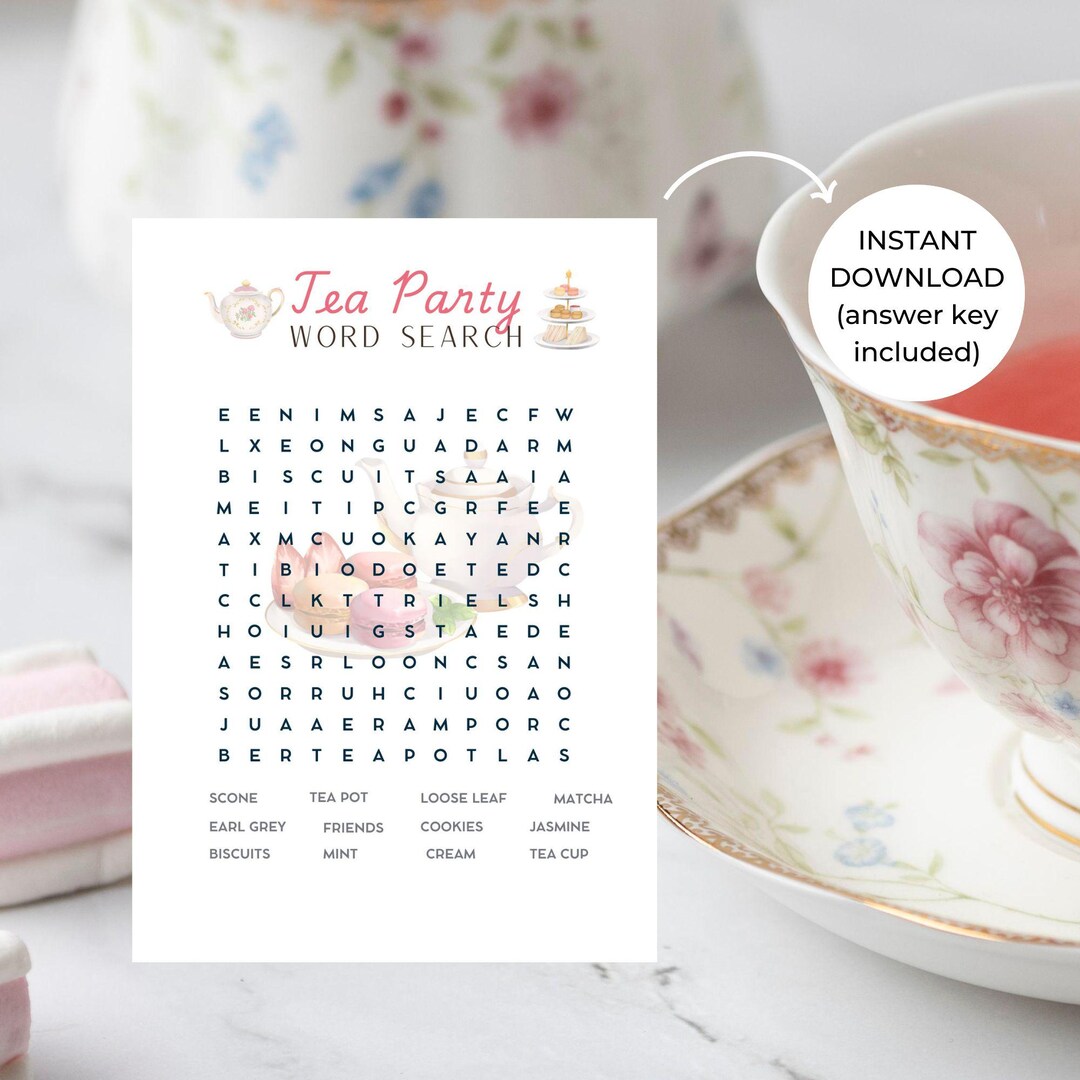 Tea Party Word Search Game for Tea-themed Bridal Showers, Baby Showers ...