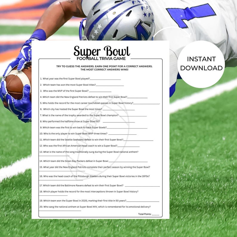 Super Bowl Football Trivia Party Game | Printable & Downloadable Party ...