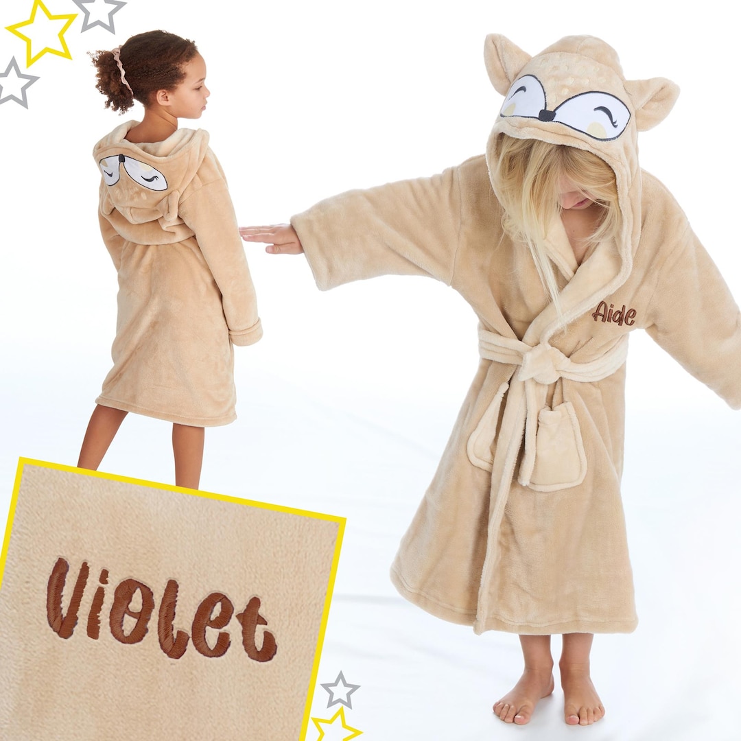 Personalised Kids Girls Boys Animal Dressing Gown Hooded Beige Fox ...