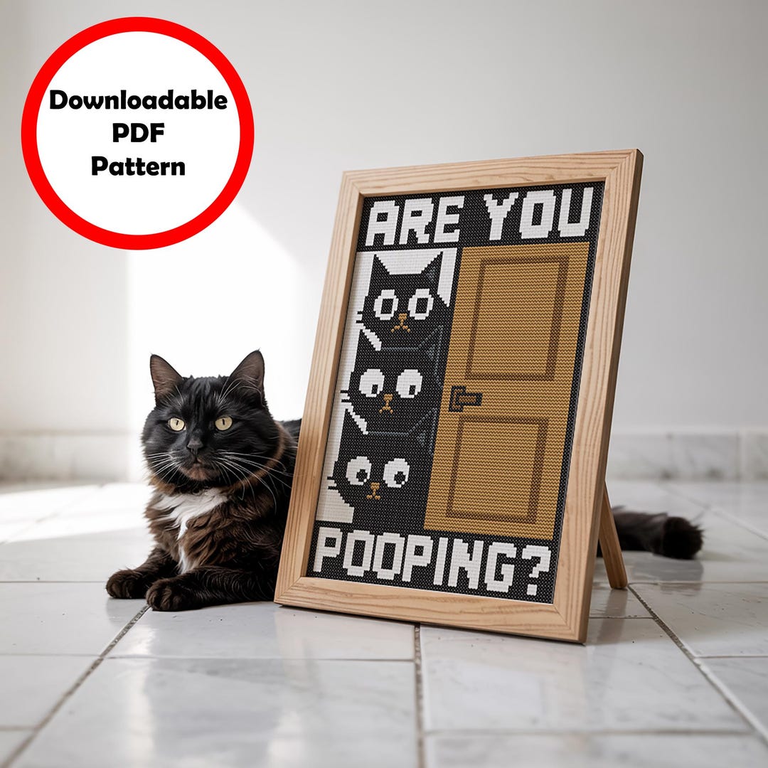 Funny Cat Cross Stitch Cute Pattern Are You Pooping Bathroom ...